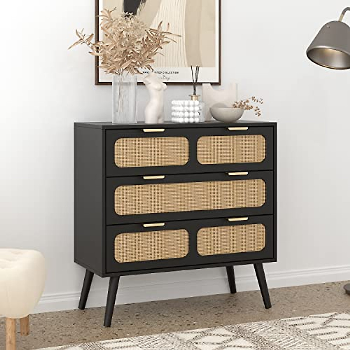 QEIUZON 3 Drawer Dresser, Modern Rattan Dresser Chest with Wide Drawers and Metal Handles, Farmhouse Wood Storage Chest of Drawers for Bedroom, Living Room, Hallway, Entryway (Black-2 Packs)