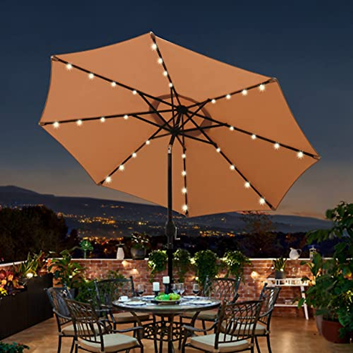 Blissun 9 ft Solar Umbrella, 32 LED Lighted Patio Umbrella, Table Market Umbrella, Outdoor Umbrella for Garden, Deck, Backyard, Pool and Beach (Tan)
