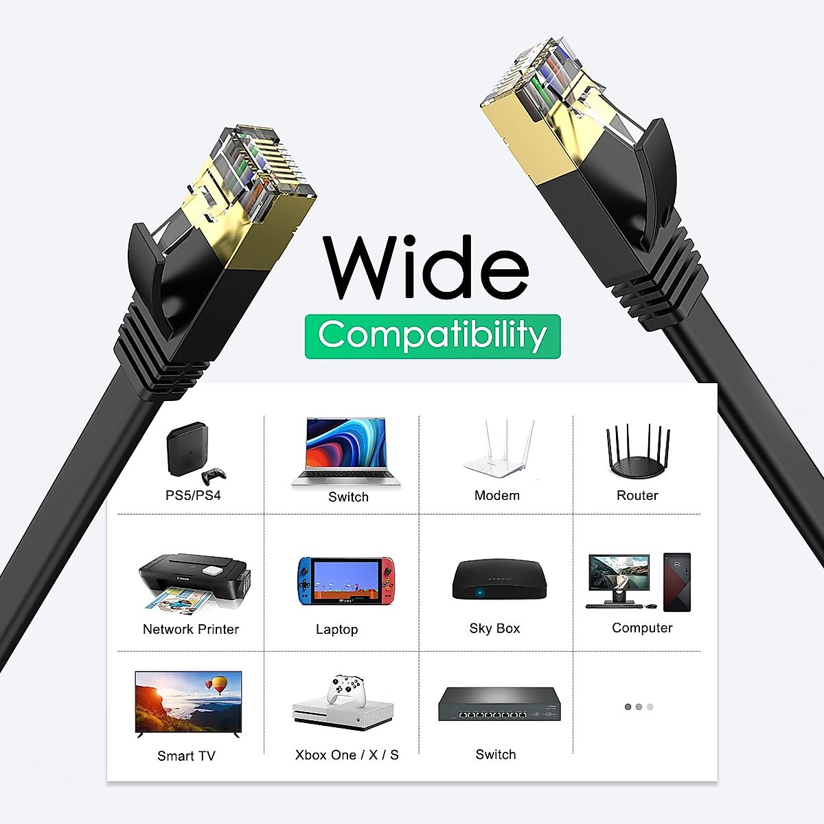 Cat 7 Ethernet Cable 50 ft, Shielded 10Gbps 600MHz, Support Cat 8 Network, Solid Flat Internet Computer Patch Cord, High Speed LAN Wire for Any Device with an RJ45 Port, Black