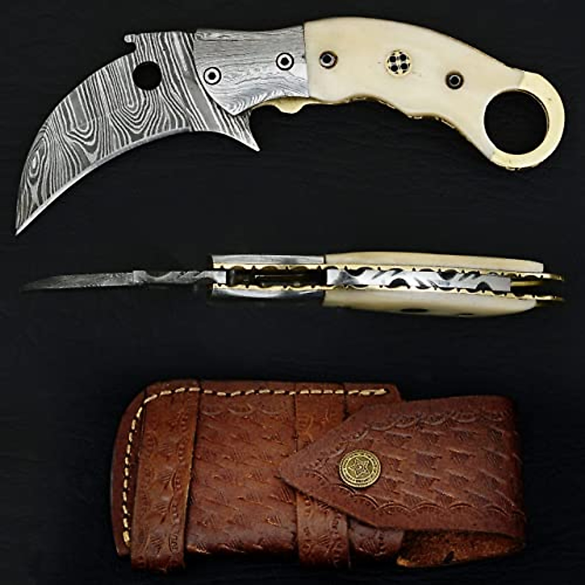 Custom Handmade Damascus Steel Karambit Folding Knife Pocket Knife Everyday Carrying Knife Camel Bone Handle with Leather Sheath