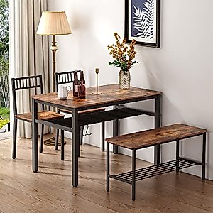 Bigbiglife Dining Table Set for 4, Kitchen Table with 2 Chairs and 1 Bench, Dining Table Set with 2 Storage Racks and 4 S-Hooks, Industrial Design for Small Space Home Kitchen, Rustic Brown