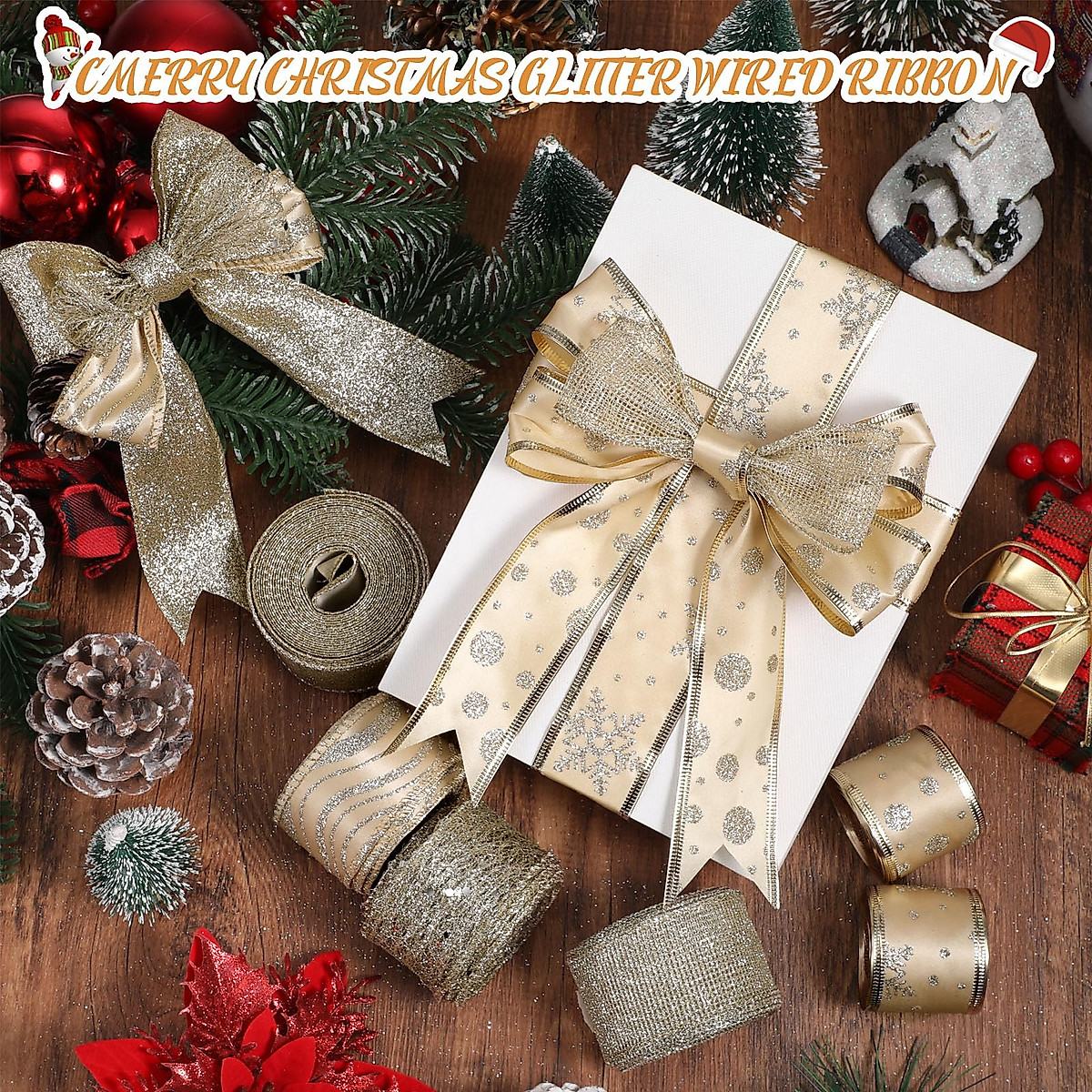 Jutom 6 Rolls Champagne Christmas Ribbon Wired 1.5 Inch Gold Christmas Tree Ribbon Glitter Mesh Ribbon Satin Snowflake Ribbon for Crafts, Gift Wrapping, Tree, Wreaths, Garland Total 36 Yard