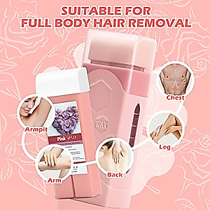 Roll On Waxing Kit, Depilatory Roll On Wax Warmer for Hair Removal with 2 Rose Cartridges Refill 10 Wax-removing Wipes and 100pcs Wax Strips, At Home Waxing Kit for Women and Men