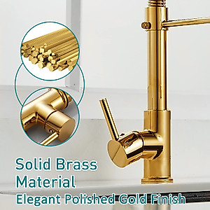 FVITA Polished Gold Kitchen Faucet with Pull Down Sprayer,Lead-Free Solid Brass 16.1'' Kitchen Sink Faucet Single Handle Spring Swan Neck Faucet High Arc Single Hole Faucet for Kitchen Sink