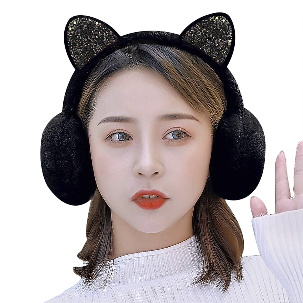 RONGXG Cute Sequin Cat Ear Earmuff Girls Plush Warm Ear Muff Soft Furry Outdoor Winter Ear Warmer Anti-Cold Ear Protector Earflap, Black, One Size