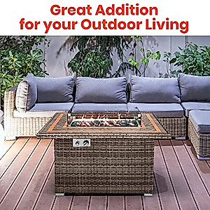 SerenelifeHome Outdoor Propane Fire Pit Table- 50,000 BTU Auto-Ignition Gas Fire Pit w/Glass Wind Guard, Black Tempered Glass Tabletop & Clear Glass Rock for Outdoor Cooking & Grilling - SLFPTIL49