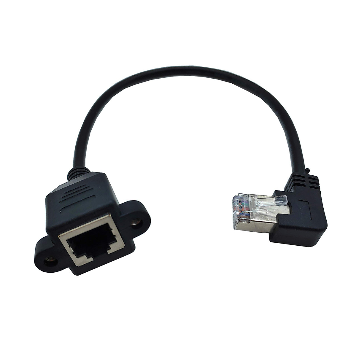 Qaoquda CAT6 Network Extension Cable,90 Degree RJ45 A Male to A Female Screw Panel Mount Extension Cable,Support Ethernet Cat 5e/Cat 6-10 inch (Right)