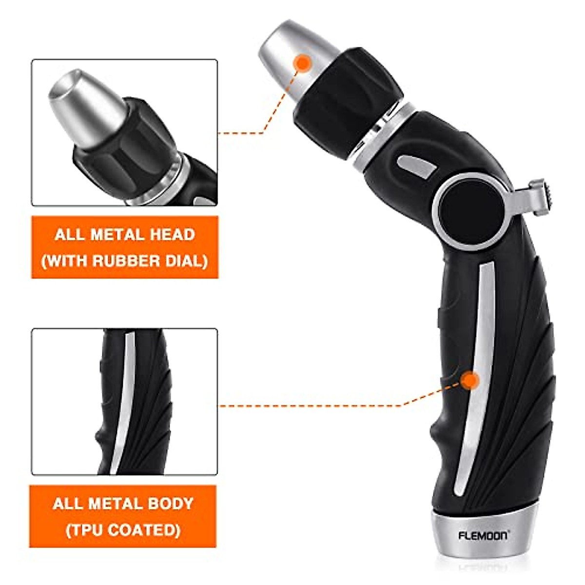 Flemoon Garden Hose Nozzle Sprayer, High Pressure, Heavy Duty Metal, Thumb Flow Control, Leak Free, Metal Water Hose Nozzle Spray to Wash Cars and Clean Floors, Silver