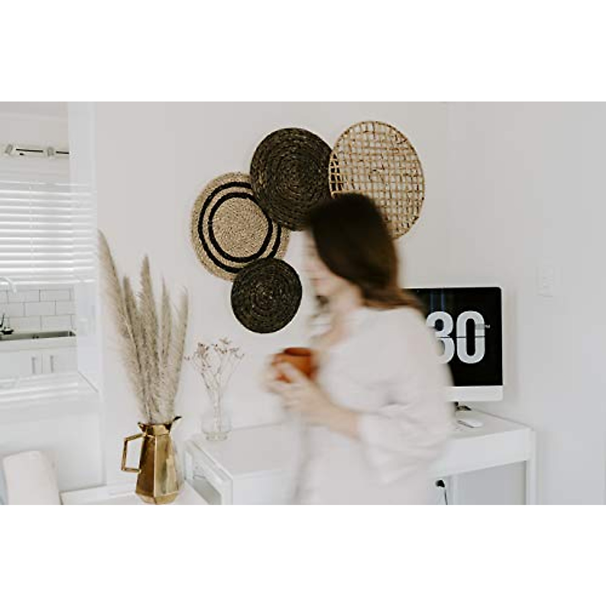 Large Boho Woven Wall Basket Decor - Set of Five - Handmade Wall Art made from Natural Water Hyacinth Seagrass - Ready to Hang