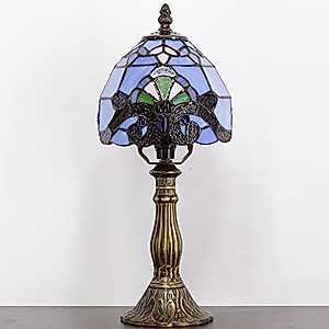 RHLAMPS Small Tiffany Lamp Mini Accent Table Lamp Blue Stained Glass Baroque Style Desk Memory Lamp Sympathy 6X14.6 Inch