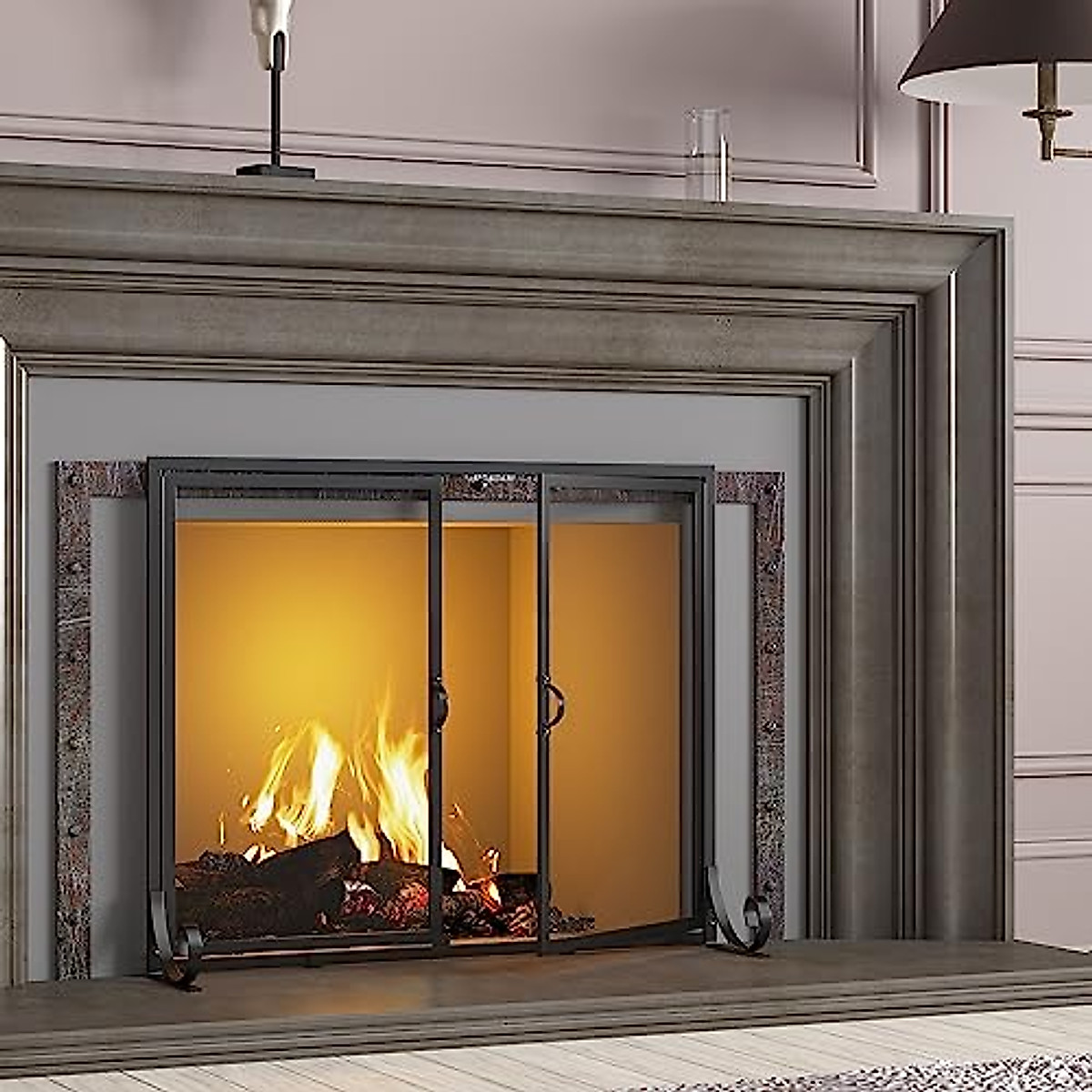 Fire Beauty Fireplace Screen with Hinged Doors, Powder Coated Steel Frame, Metal Mesh, Handcrafted Solid Steel,Decorative Design, Free Standing Spark Guard