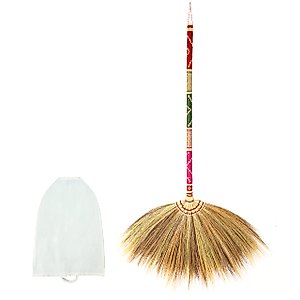 Handmade Thai Grass Broom with Decorative Solid Wood Handle Hand Woven Vintage Retro Asian Design Broomcorn for Sweeping