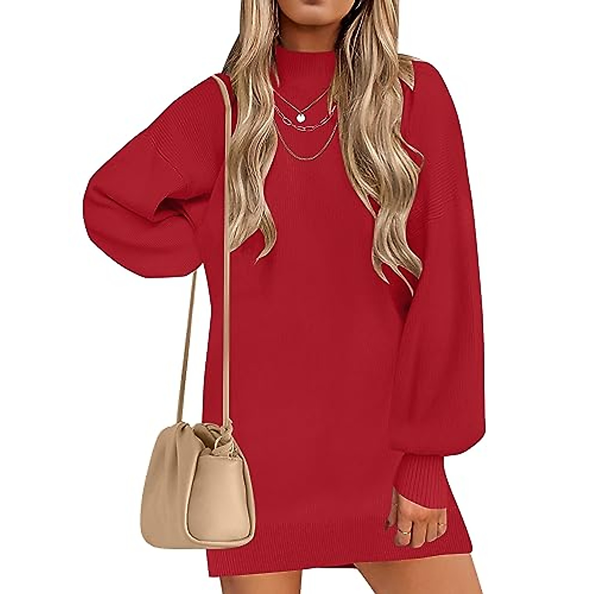 ZESICA Women's 2023 Fall Turtleneck Sweaters Dress Oversized Long Lantern Sleeve Casual Knit Pullover Short Dresses,Red,Small