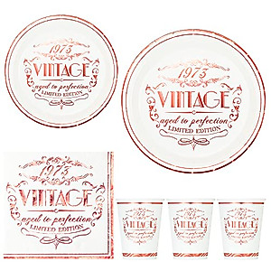 Crisky 96pcs Rose Gold Foil 50th Birthday Napkins Plates Cups Set for Women 50th Birthday Party Decorations Supplies, Vintage 1973 Disposable Tableware Set of 24