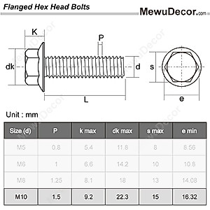 M10-1.5 x 25mm Flanged Hex Head Bolts Flange Hexagon Screws, Stainless Steel 18-8 (304), Plain Finish, DIN 6921, 10 PCS