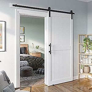 YiHICO 32 x 84in Solid MDF Barn Door(Predrilled & Unassembled Door Panels), with Whole 6ft Sliding Door Hardware Kit, 12in Handle Kit and 2 Floor Guides, PVC Waterproof Coating - White - H Frame