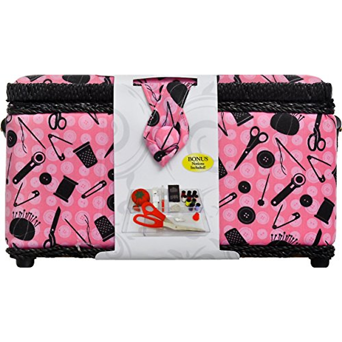SINGER 07276 Sewing Basket with Sewing Kit Accessories, Pink & Black