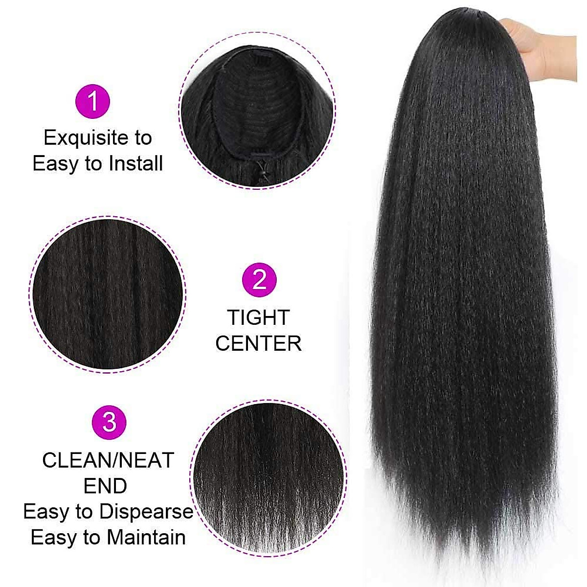 G&T Yaki Drawstring Ponytail Extension with Bangs - Long Yaki Straight Clip in Ponytails Extension for Black Women Synthetic Hairpiece for Daily Party Use (1B, 24 inch)