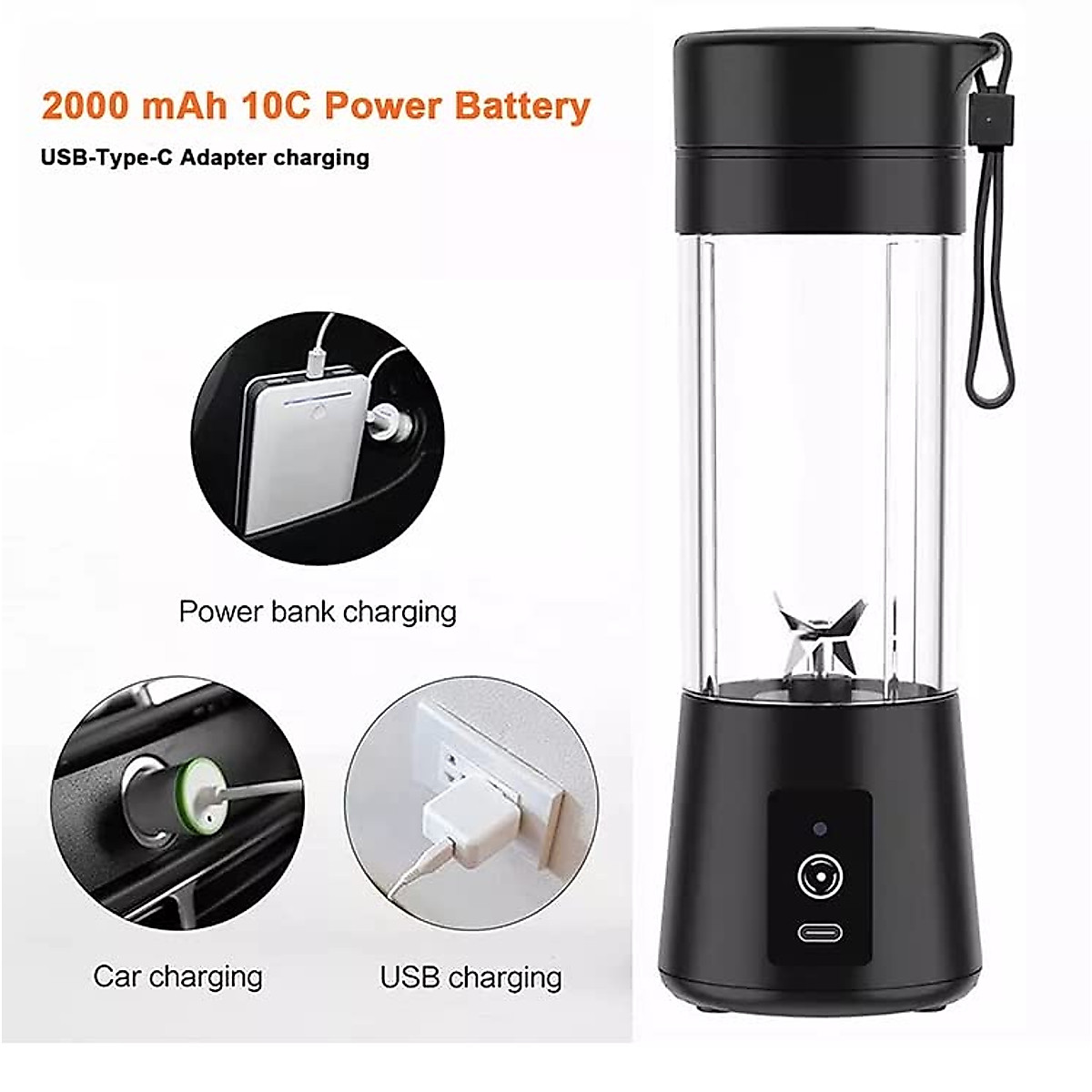 Portable Blender Smoothies Personal Blender Mini Shakes Juicer 380 ml Cup USB Rechargeable Cordless Shaker Bottle (BLACK)