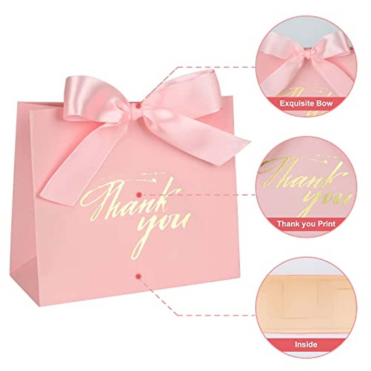 DESOEE Small Gift Bags Thank You Party Favor Bags 20 Pack with Pink Bow Ribbon, Treat Boxes Mini Paper Bags Bulk for Wedding Baby Shower Holidays Birthday Party