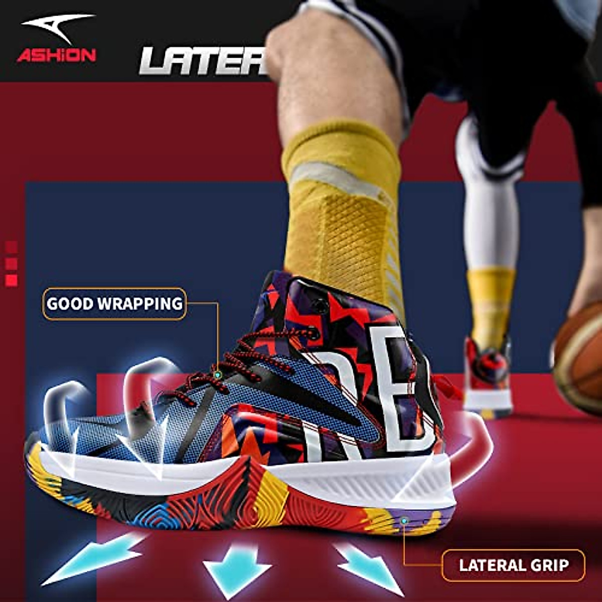 ASHION Kids Basketball Shoes Boys Girls High Top Sneakers Non Slip Running Shoes for Unisex Kids Camo Blue Red Big Kid Size 9.5