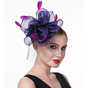 Fascinators Hat for Women Tea Party Headband Girls Flapper Headpiece Kentucky Church Derby Wedding (FM02-Navy and Rose)