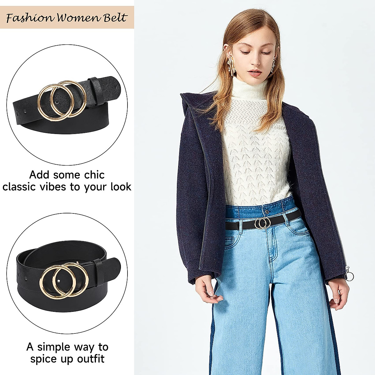 NBLYOS 1 Pack Women Belts Faux Leather for Jeans Fashion Belt with Gold Buckle Ladies Dress Belt(M,US,black)