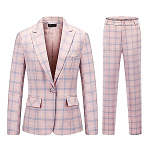 Womens 2 Piece Plaid Suits Set Business Office One Button Blazer Jacket Casual Long Sleeve Pant Suit Set(Pink,Medium)