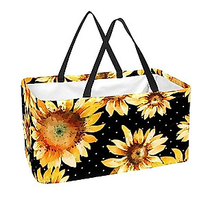 KQNZT Reusable Grocery Bags, Heavy Duty Reusable Shopping Bags, Large Tote Bags with Long Handles and Reinforced Bottom, Black Polka Dot Vintage Sunflower Floral