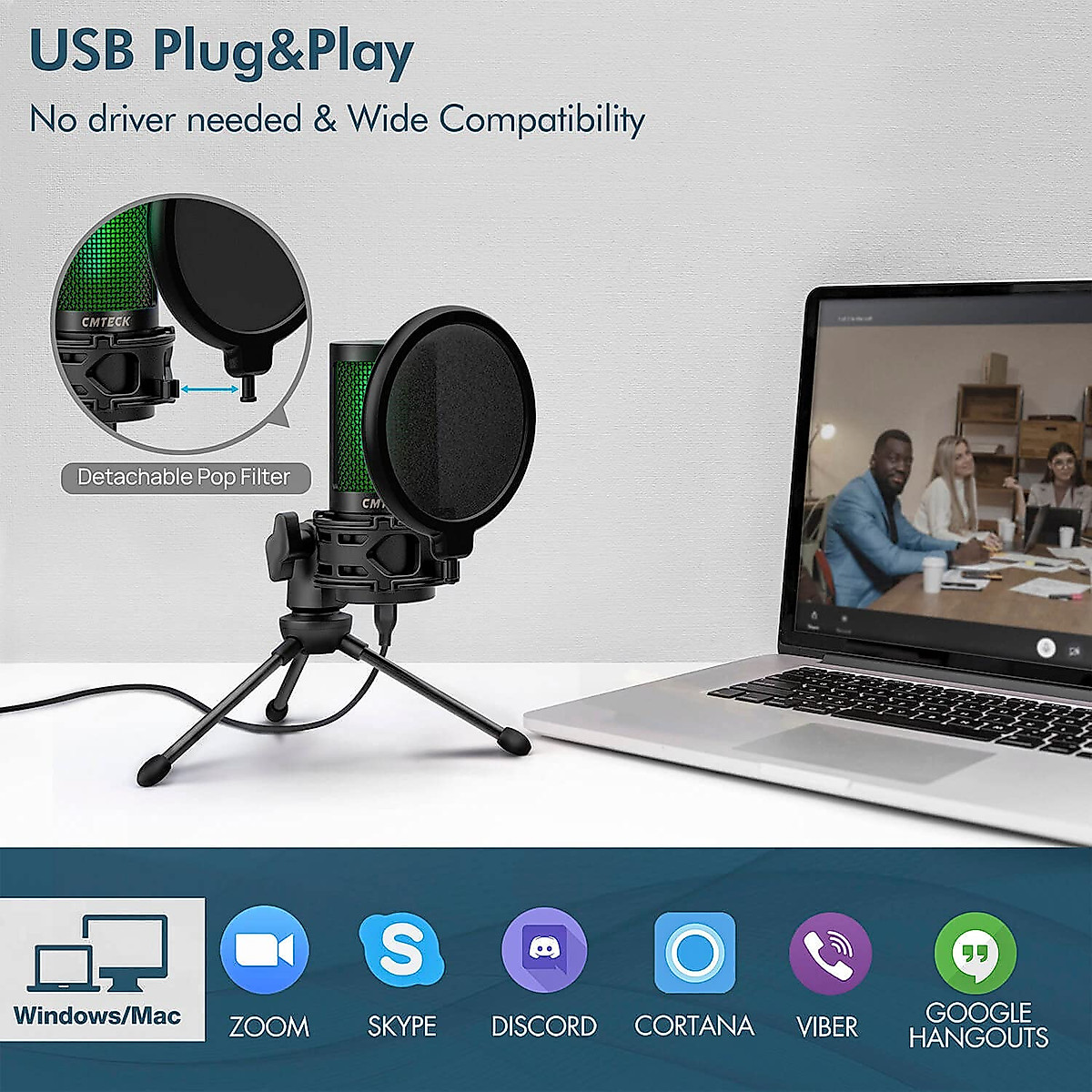 CMTECK USB Microphone, Podcast Microphone with Pop Filter & Mute Button, Compatible Desktop Computer and Laptop