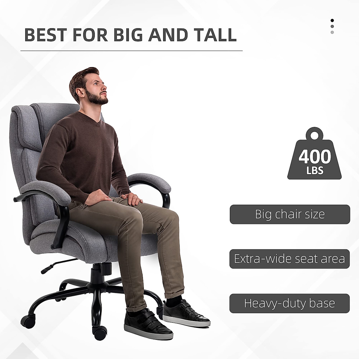 Vinsetto High Back Big and Tall Executive Office Chair 484lbs with Wide Seat, Computer Desk Chair with Linen Fabric, Adjustable Height, Swivel Wheels, Light Grey