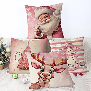 GAGEC Christmas Pillow Covers 18x18 Inch Set of 4 Santa Claus Christmas Tree Throw Pillow Covers Red Nose Reindeer Xmas Winter Pillowcase Home Decor Living Room Decorative Cushion Case for Sofa