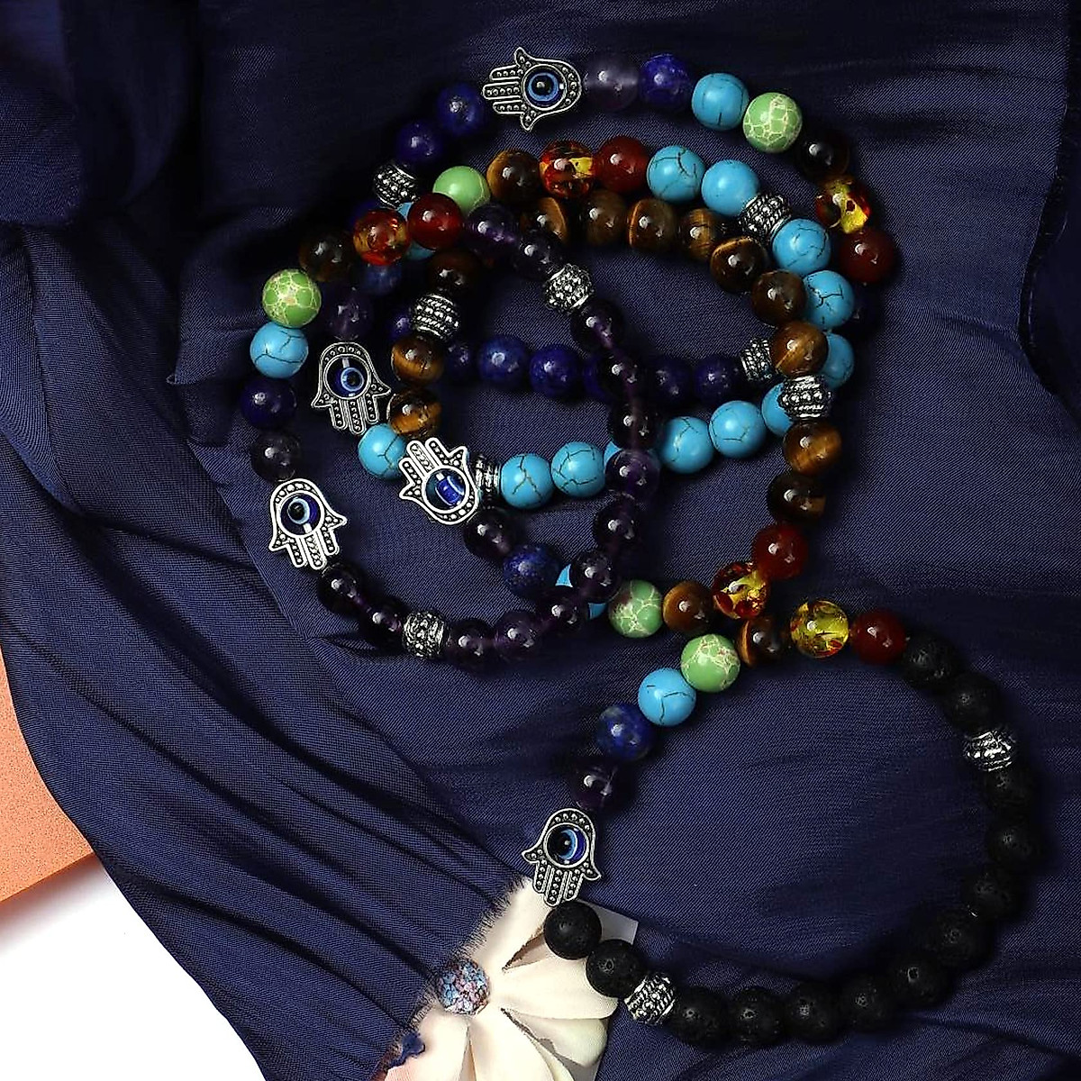 Manfnee 6PCS 7 Chakra Evil Eye Bracelet Reiki Healing Balancing Beaded Bracelet for Men Women