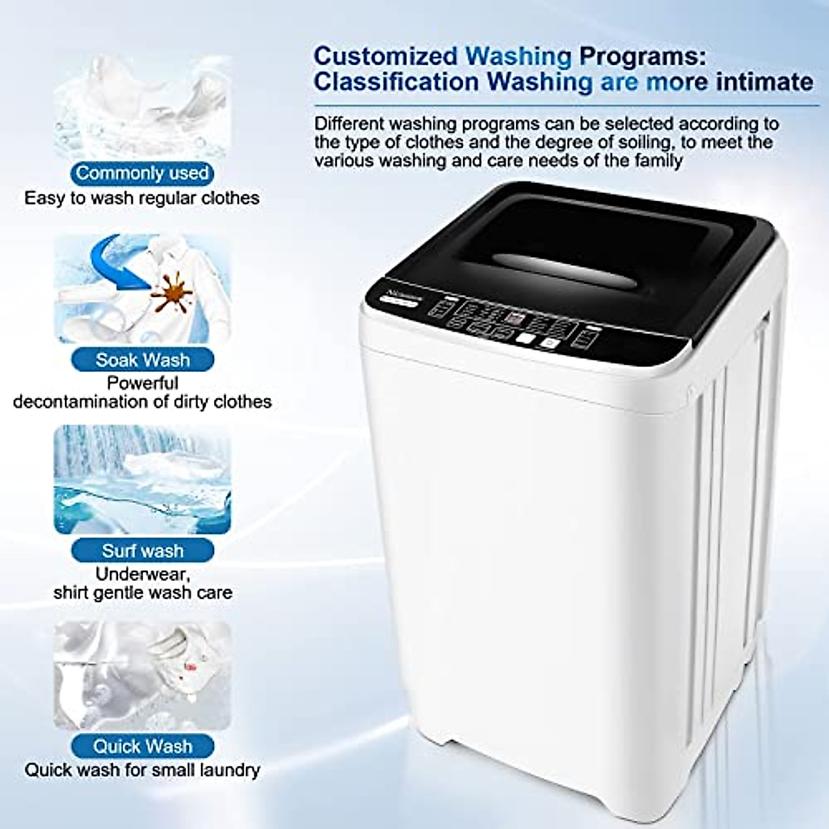 Nictemaw Portable Washing Machine 𝟏𝟕.𝟔Lbs Capacity Portable Washer 1.9 Cu.ft Full-Automatic Compact Laundry Washer With Drain Pump,10 Wash Programs 8 water levels with LED display Ideal for Home