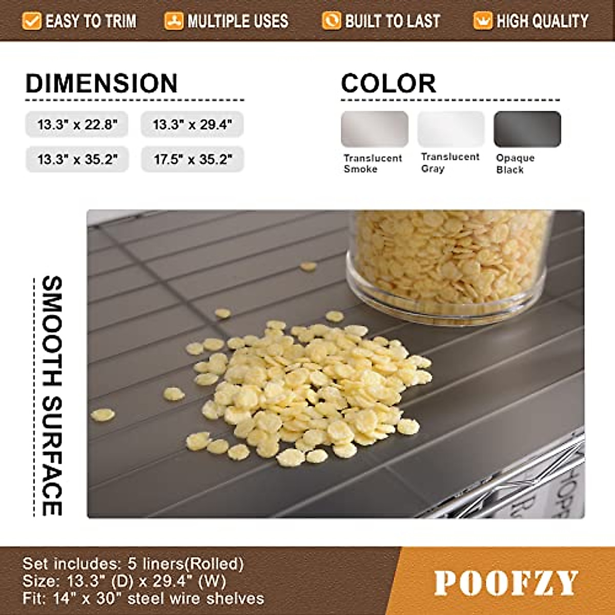 Poofzy Heavy Duty Wire Shelf Liner 18 x 36 Inch, Non Adhesive Shelf Liners for Kitchen Cabinets (Pack of 4, Grey)