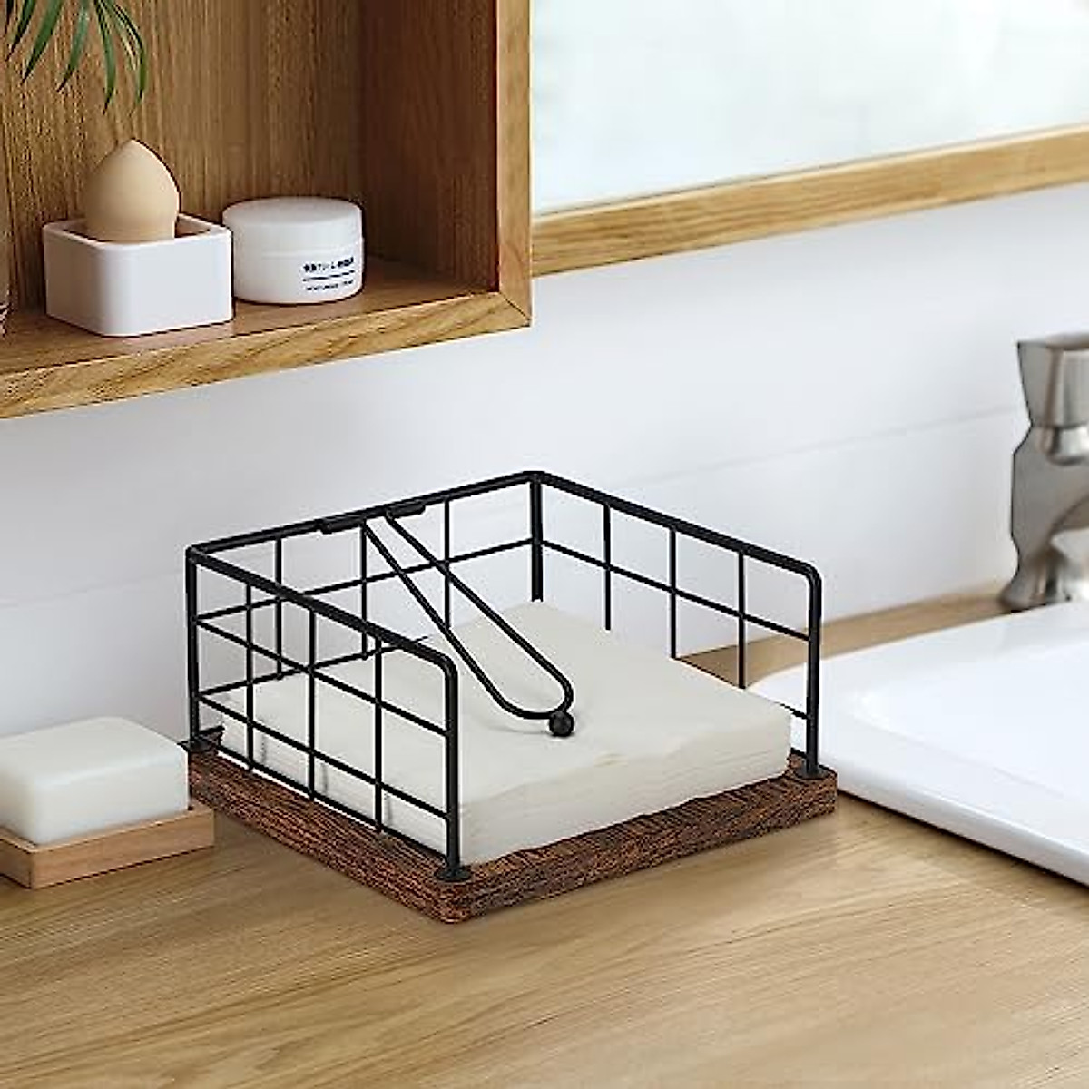 YINMIT Flat Napkin Holder for Table, Rustic Paper Napkin Organizer for Cafe with Weighted Arm, Wooden Tissue Paper Dispenser for Kitchen Countertop, Dining Table, Picnic Table, Indoor and Outdoor Use