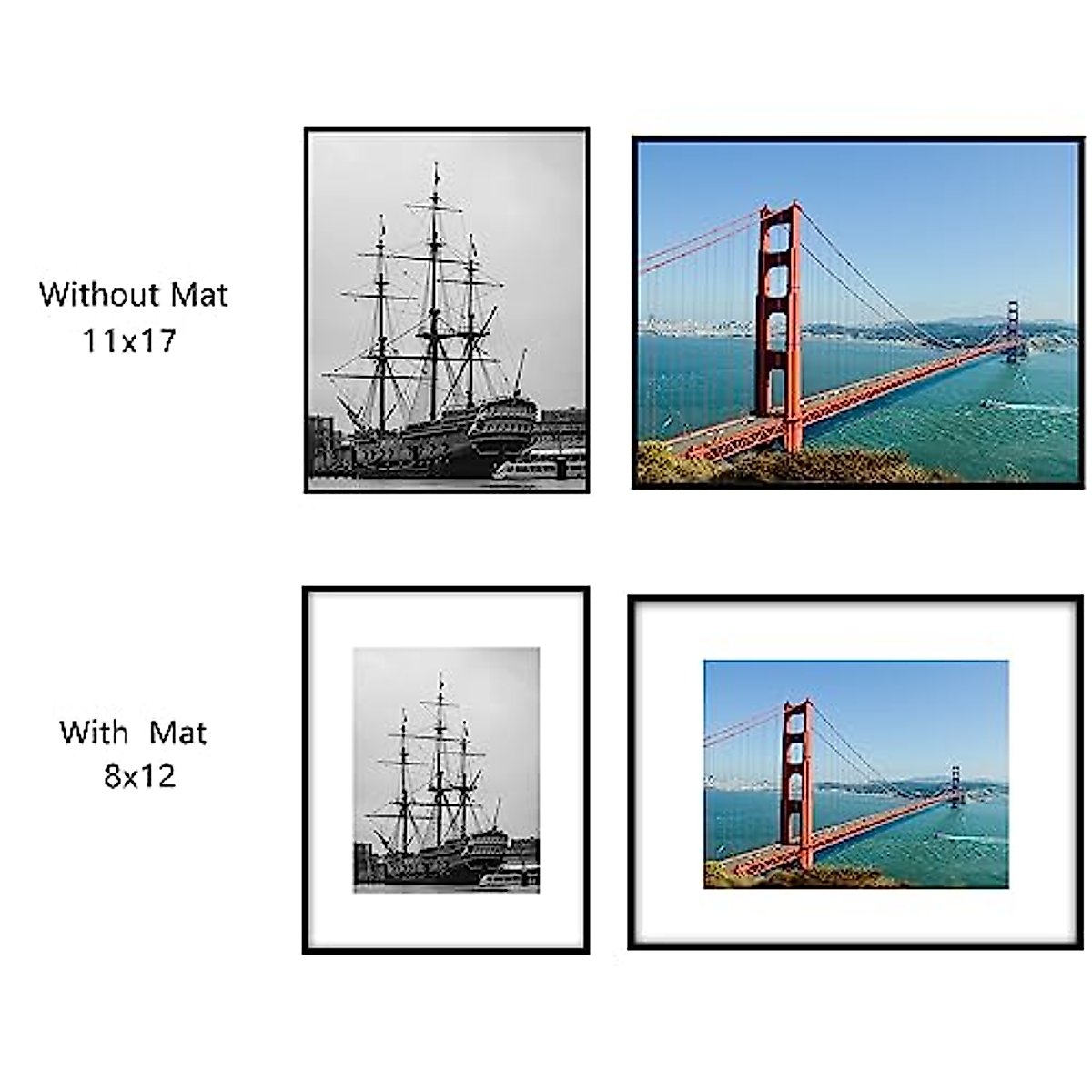 PEALSN 11x17 Picture Frame, Display Pictures 8 x 12 with Mat or 11 x 17 Without Mat for Wall Mounting Display, Photo Frames, Black