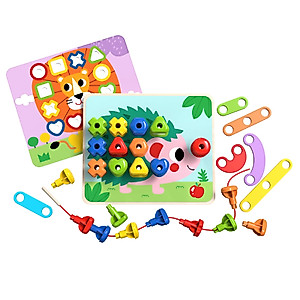 TOOKYLAND Peg Board Stacking Toy - 53pcs - Color and Shape Matching Game with Lacing Beads, Learning Sensory Pegboard Set for Kids 3 Years Old +