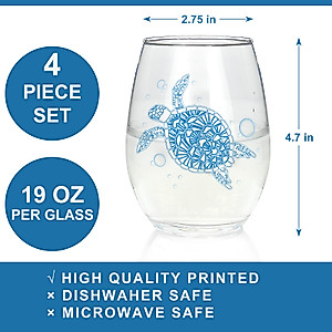 Ocean Themed Stemless Wine Glasses, Set of 4 Seashore Glassware - Sea Turtle, Starfish, Seashell, Conch Shell Assortment, Gifts for Coastal Beach Sea Lovers, Birthday Gifts for Women Best Friends Gift
