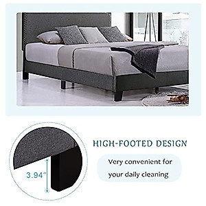 MOOLO Upholstered Platform Bed Frame with Nailhead Trim Headboard and Wood Slats Full Size Dark Grey