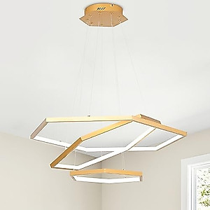umeiluce 3 Lights Hexagon LED Chandeliers Brushed Gold Finish Chandelier Pendant Light Remote Dimmable Ceiling Hanging Light Fixture for Living Room Bedroom Dining Room