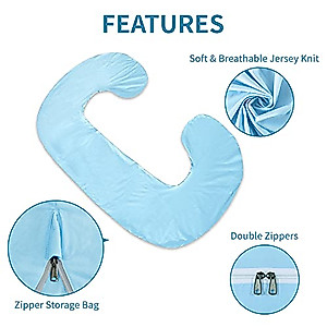 Wndy's Dream Pregnancy Pillowcase Double Zippers, Fully Body Maternity Pillow Replacement Cover, Soft Breathable Jersey Fabric, Fit 57" x 30" C Shaped Pillow(Sky Blue)