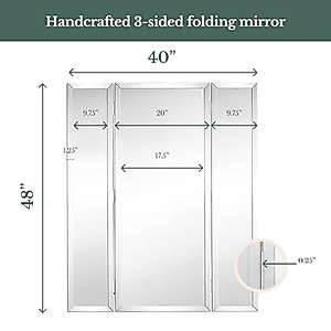 Hamilton Hills 40x40 inch Silver Trifold Mirror | Full Length Beveled Edges 3 Way Mirror Hangable on Wall | Tall Makeup Mirror with Hinges for Folding | Table Top, Dressing & Bathroom Vanity Mirror