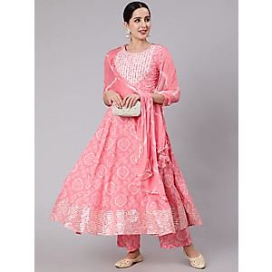 DREAMANGEL FASHION Womens Party Wear Pure Cotton Anarkali Kurta and Palazzo With Dupatta (as1, alpha, s, regular, regular, Pink, Small)