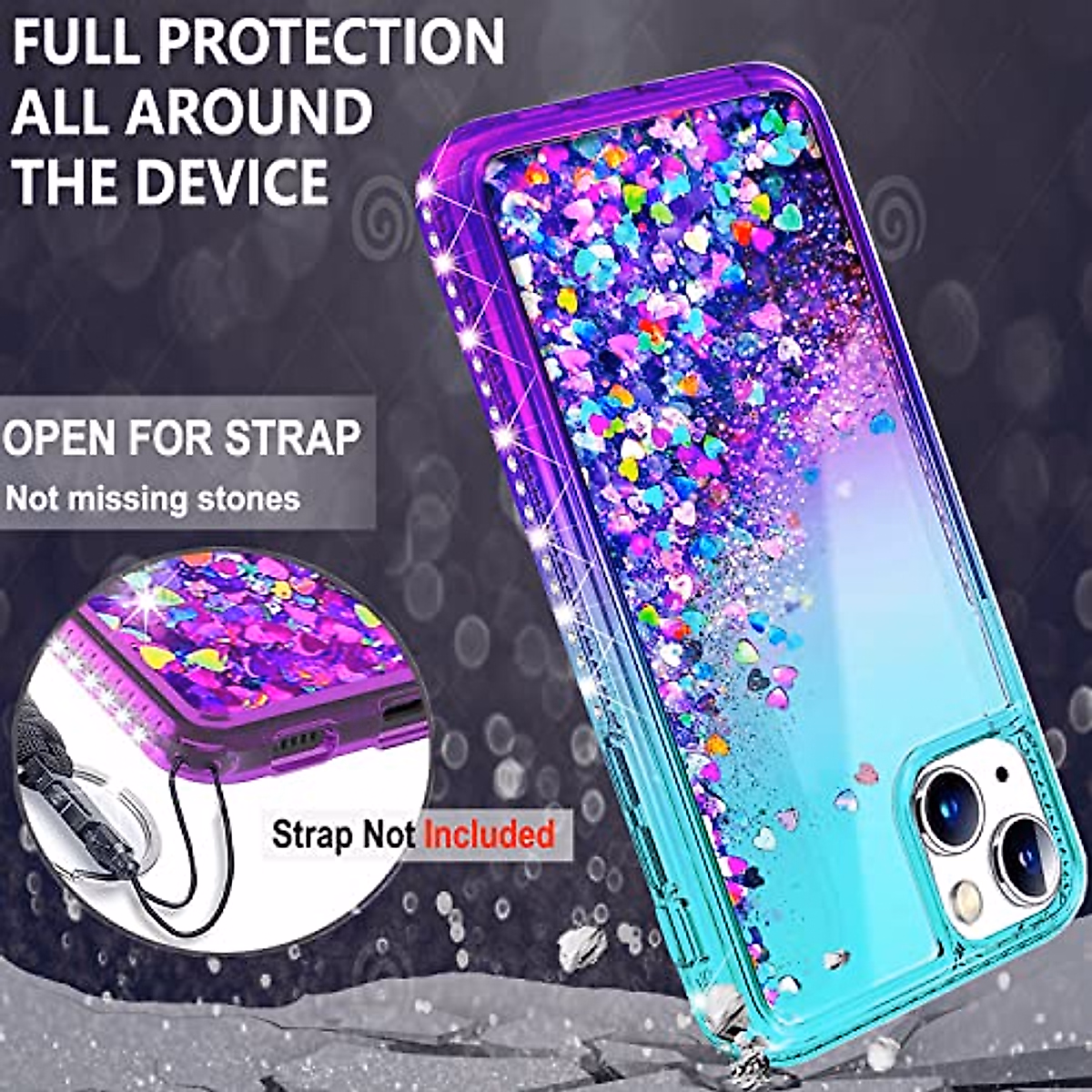 iPhone 13 Mini Case, [with Tempered Glass Screen Protector Included], STARSHOP Liquid Bling Sparkle Floating Glitter Quicksand Phone Case Girls Women Cute for iPhone 13 Mini - Teal/Purple