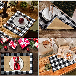 Senneny Set of 6 Christmas Placemats Buffalo Check Placemats Black White Plaid Reversible Burlap & Cotton Placemats for Christmas Holiday Table Home Decoration