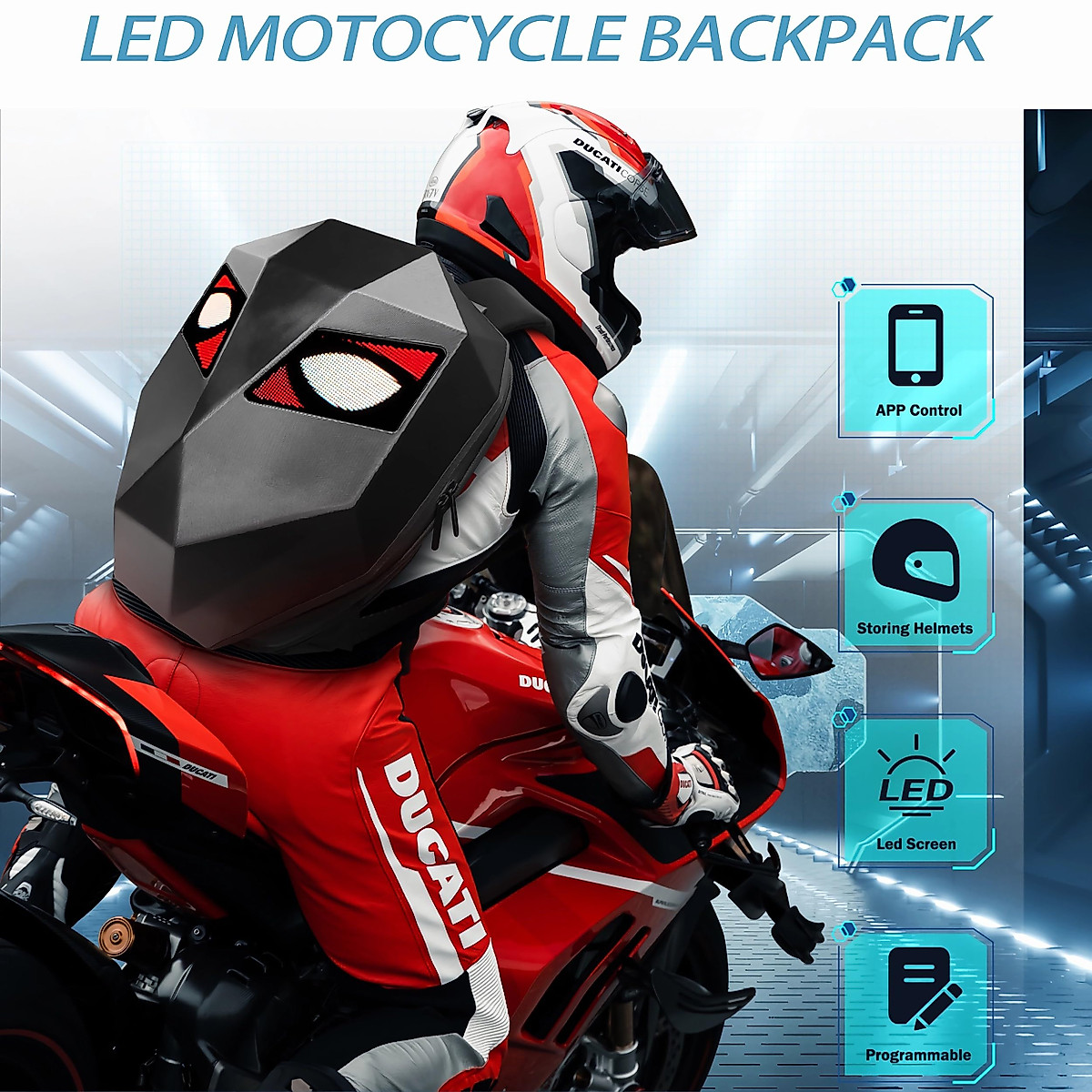 Taysem LED Backpack with Eyes - Led Motorcycle Backpack Waterproof LED Knight Backpack with Programmable Screen Christmas Gift (B)