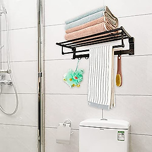 Towel Rack with Towel Bar for Bathroom Wall Mount,Foldable Toalla Holder with Hooks,Hotelier Rustproof Adjustable Bath Towels Shelf,No Drill,24 Inch Matte Black