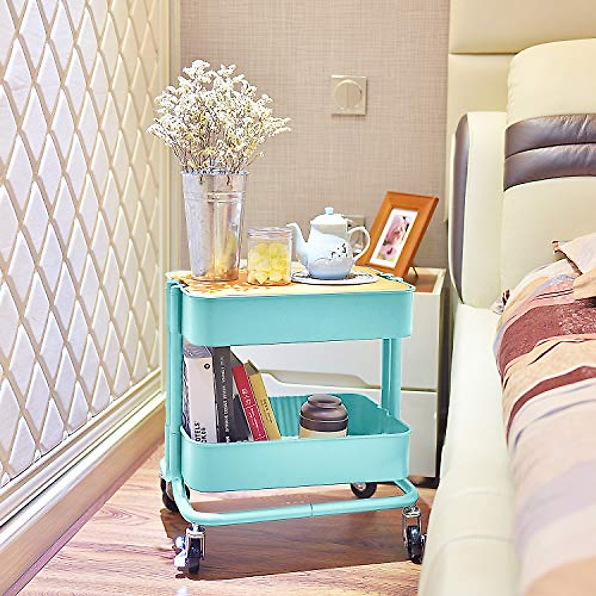 2-Tier Metal Utility Rolling Cart, Storage Side End Table with Cover Board