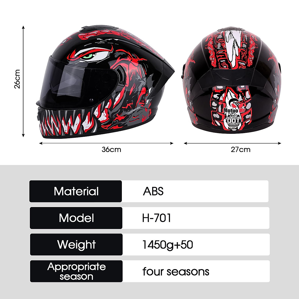 MotuoMr BSDDP Unisex-Adult Full Face Motorcycle Helmet DOT Approved Motorbike Moped Street Bike Racing Crash Helmet with Graphic (Red Venom, Large)